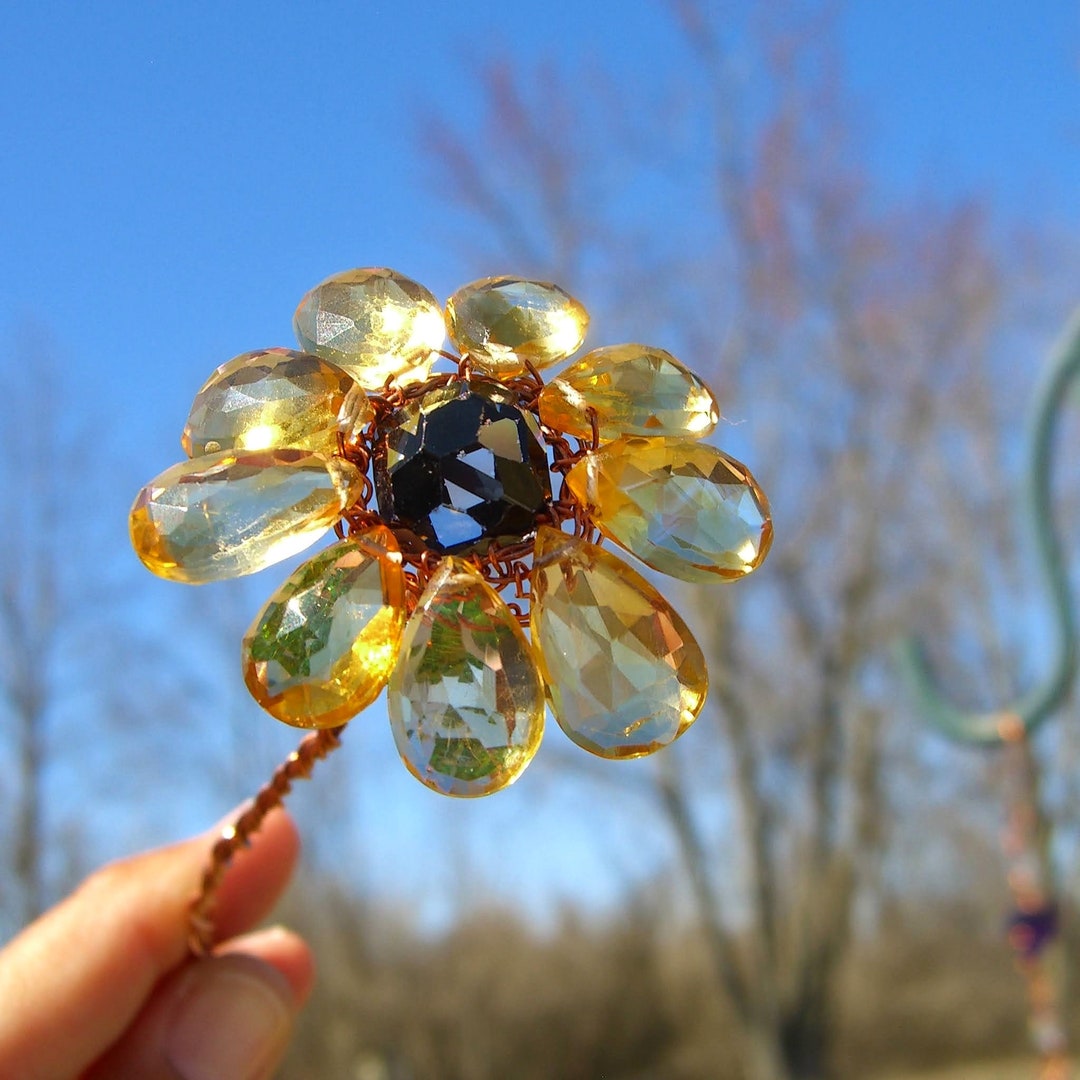 Citrine Coneflower Beaded Wire Flower Handmade Suncatcher Garden ...