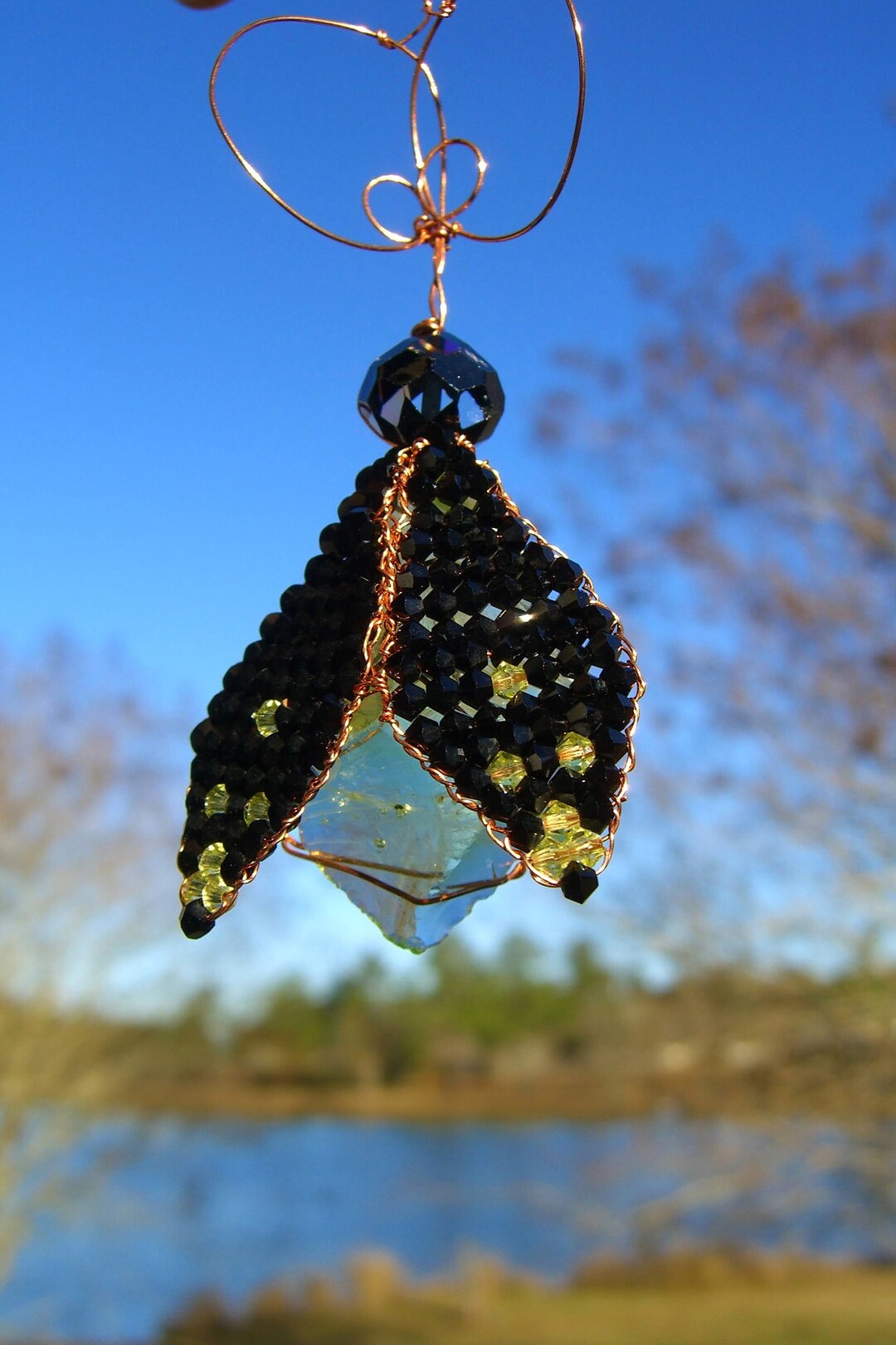 Uranium Glass Lightning Bug Suncatcher, Handmade Beaded, Wire, Upcycled ...