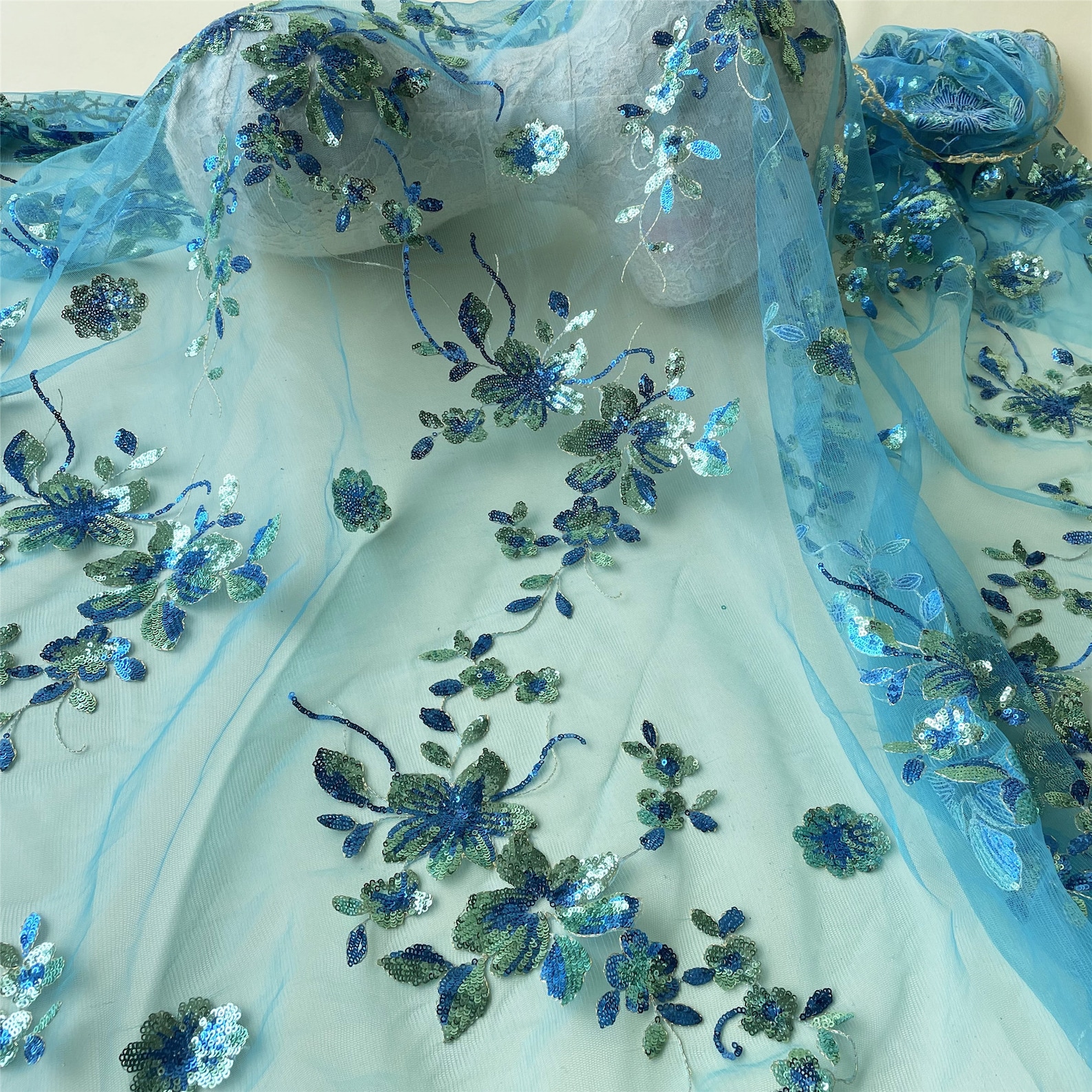 Sky Blue Floral Embroidery Lace Fabric Materials With Sequin - Etsy