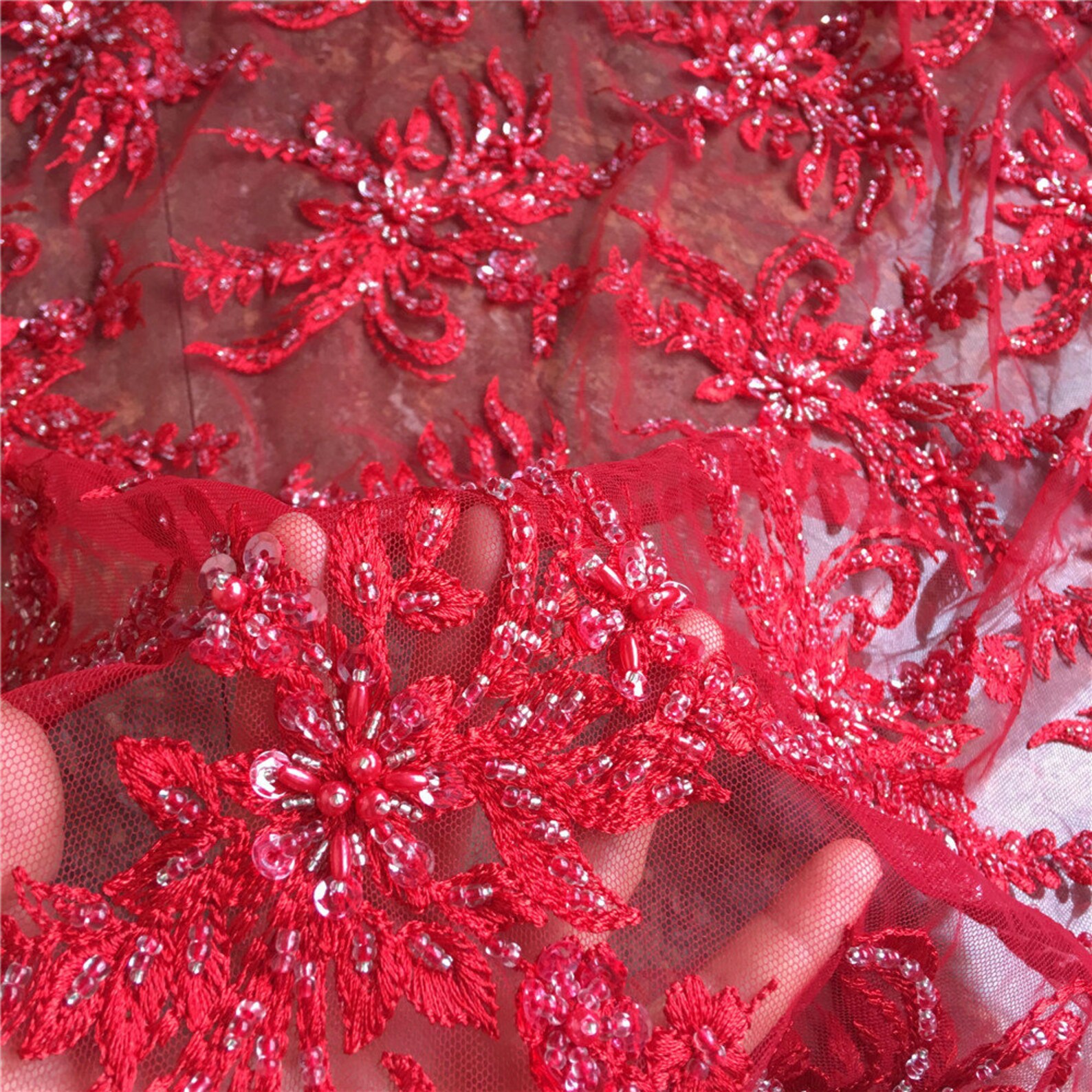 Red Floral Embroidery Beads Lace Fabric Mesh Materials Fabrics - Etsy