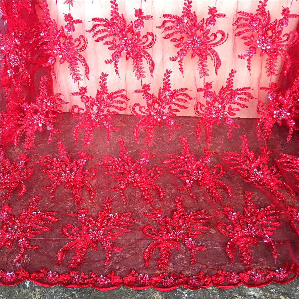 Red Floral Embroidery Beads Lace Fabric Mesh Materials Fabrics - Etsy