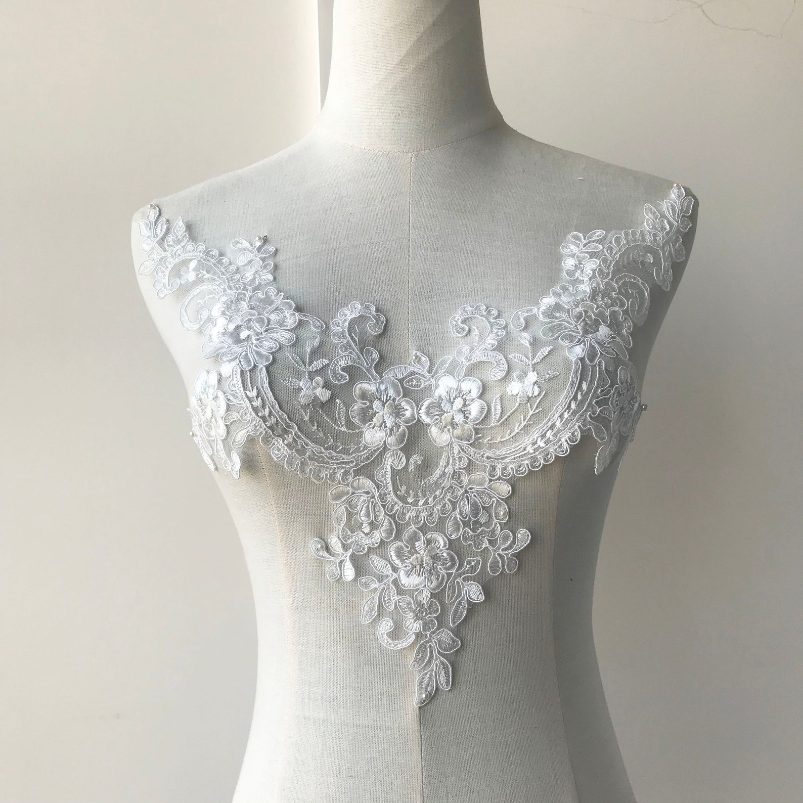 Off White V Neck Lace Applique Trims Materials Corded Embroidery - Lace ...