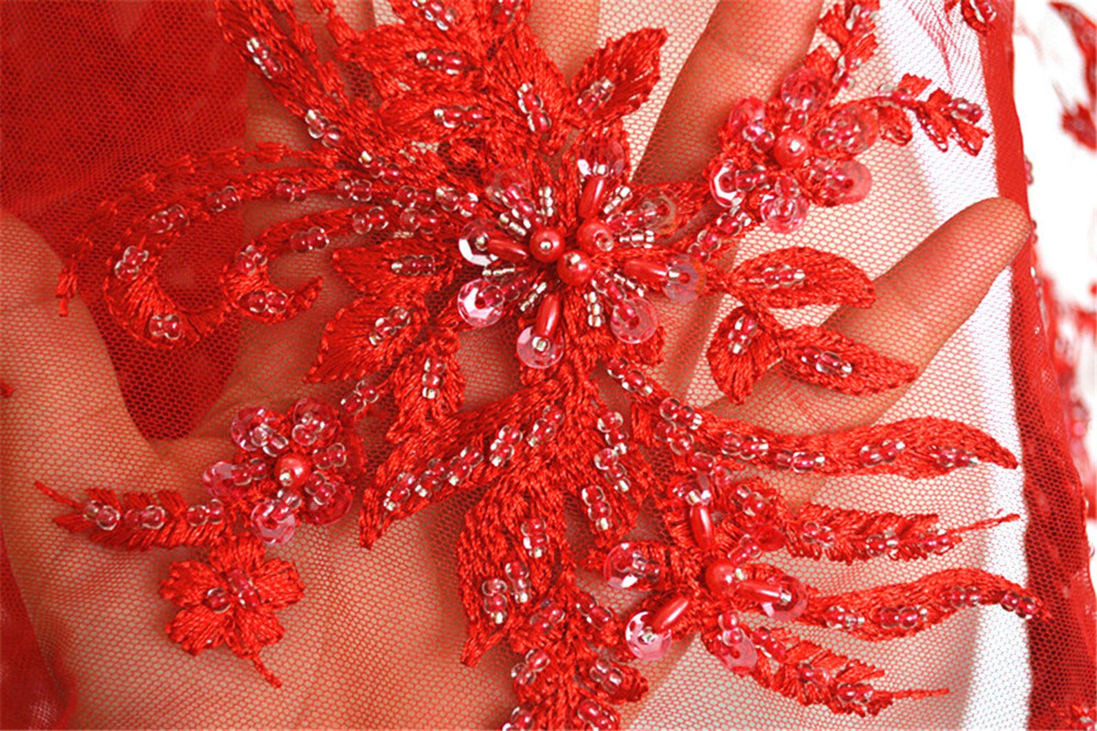 Red Floral Embroidery Beads Lace Fabric Mesh Materials Fabrics - Etsy