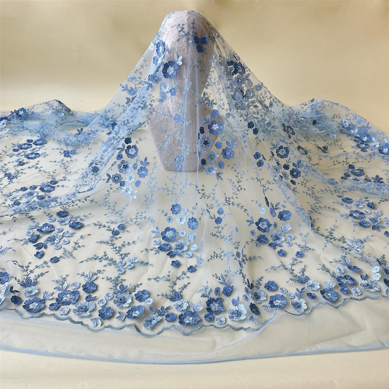 Blue Embroidery 3D Flower Bridal Lace Fabric Materials Lace - Etsy