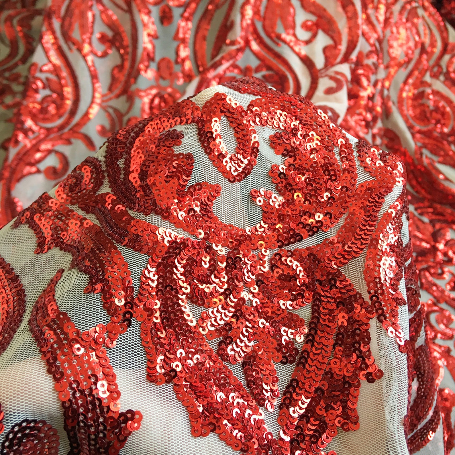 Red Embroidery Lace Fabric With Sequin Materials Hollowed Fabrics DIY ...