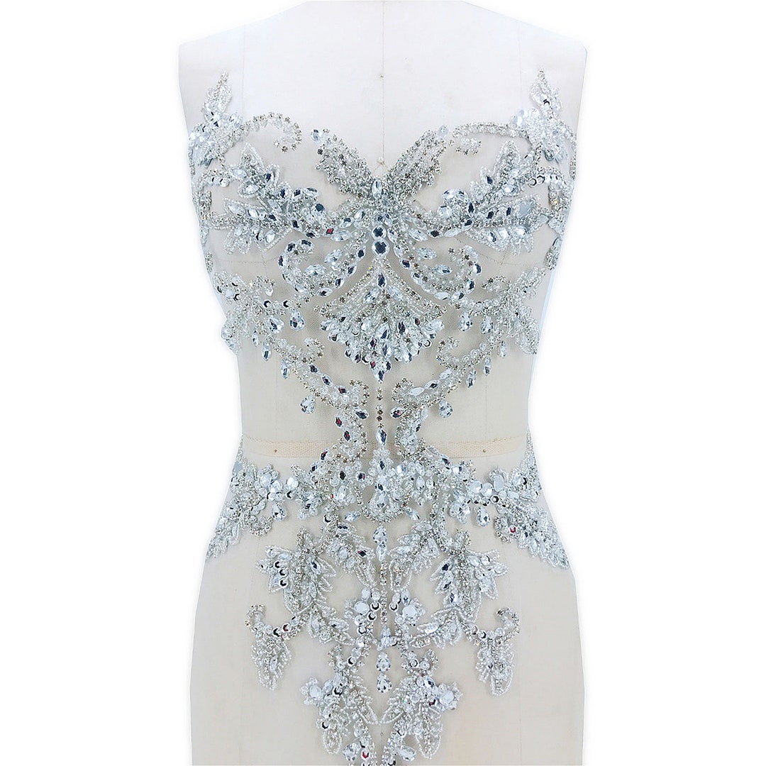 Bodice Rhinestone Applique Heavy Beads Motif Diamante Lace Patch Sewing ...