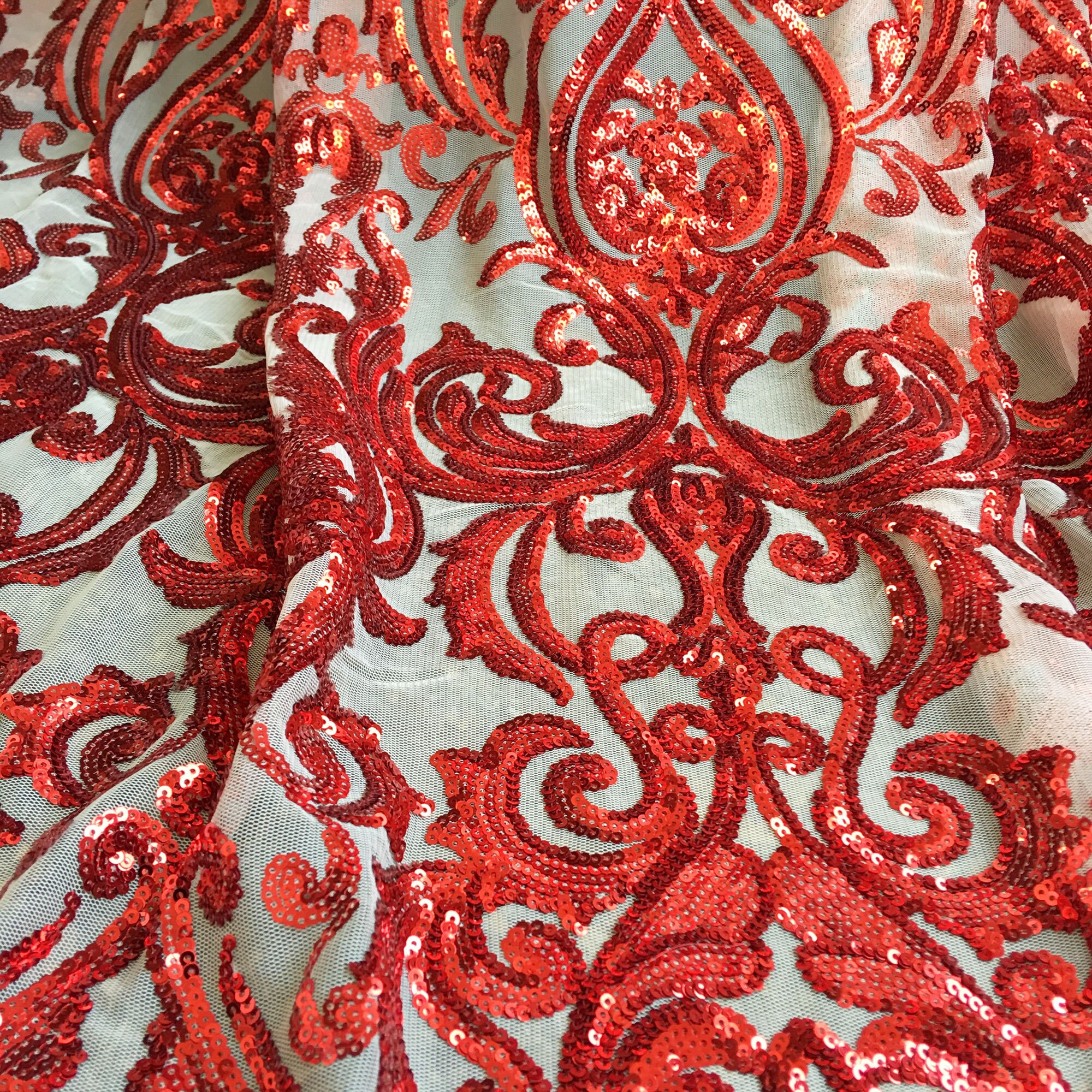 Red Embroidery Lace Fabric With Sequin Materials Hollowed Fabrics DIY ...