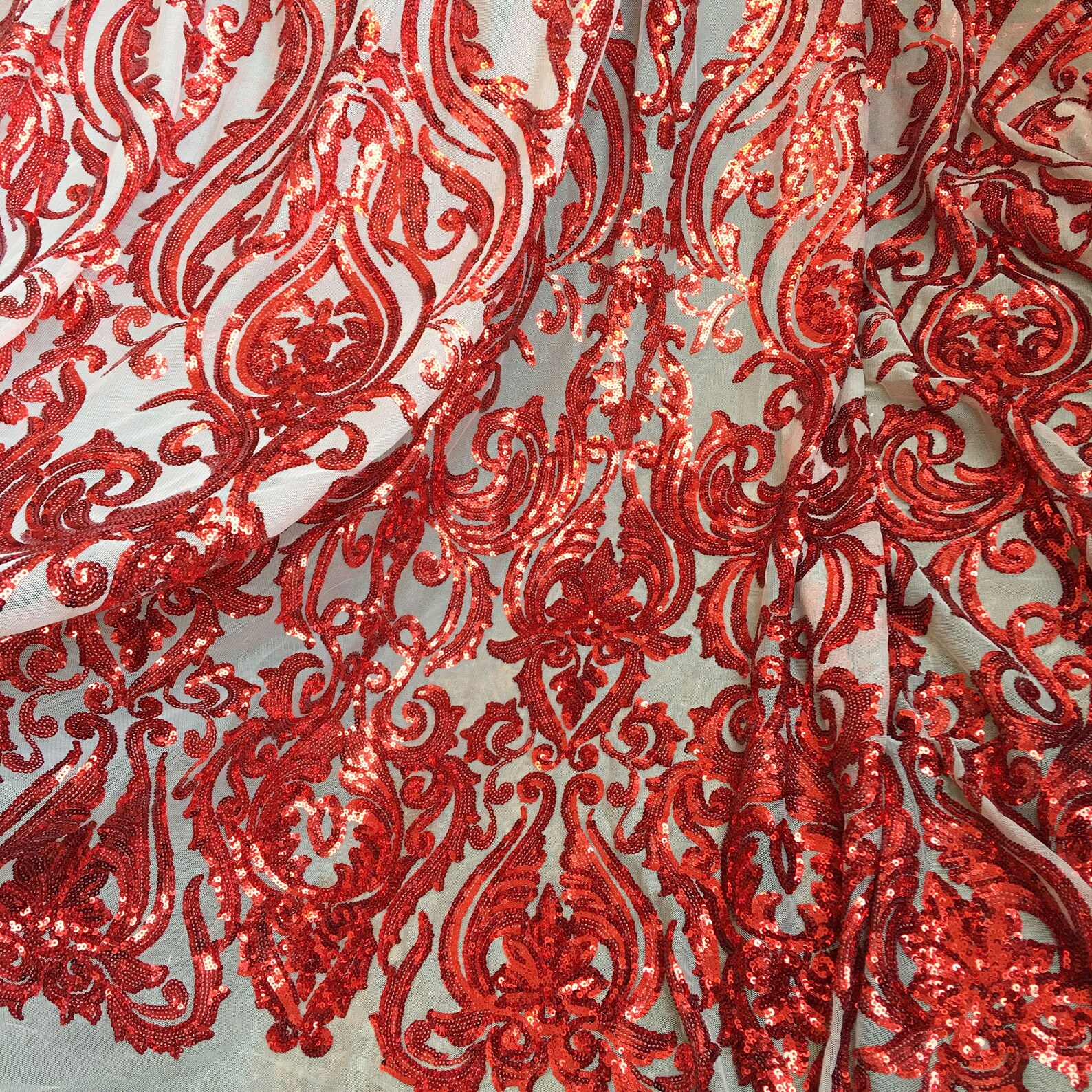 Red Embroidery Lace Fabric With Sequin Materials Hollowed Fabrics DIY ...