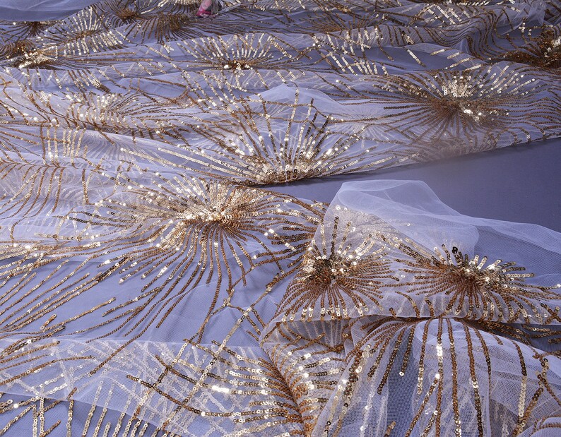 Gold Sequin Embroidery Lace Fabric Mesh Fabrics DIY Wedding | Etsy