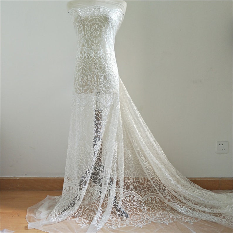 Off White Embroidery Lace Fabric Mesh Materials With Sequin Trims Gauze ...