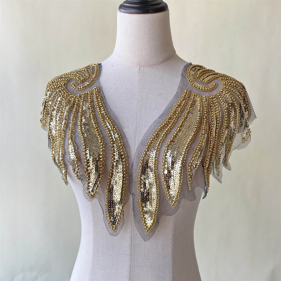 Gold Angle Wing Lace Appliques Lace Patch With Sequins Beads Sewing on ...