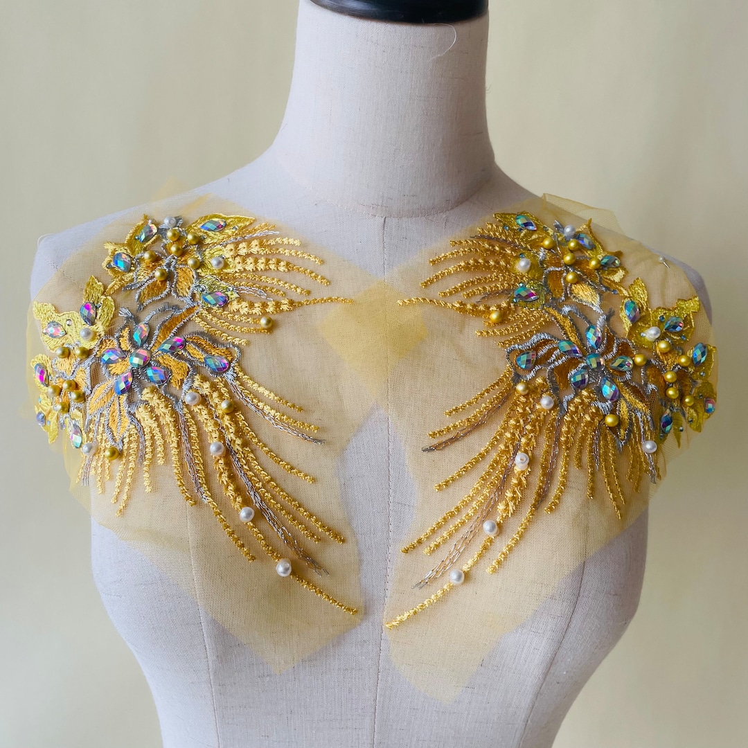 Rhinestone Embroidery Lace Applique 3D Flower Heavy Beads Motif Lace ...