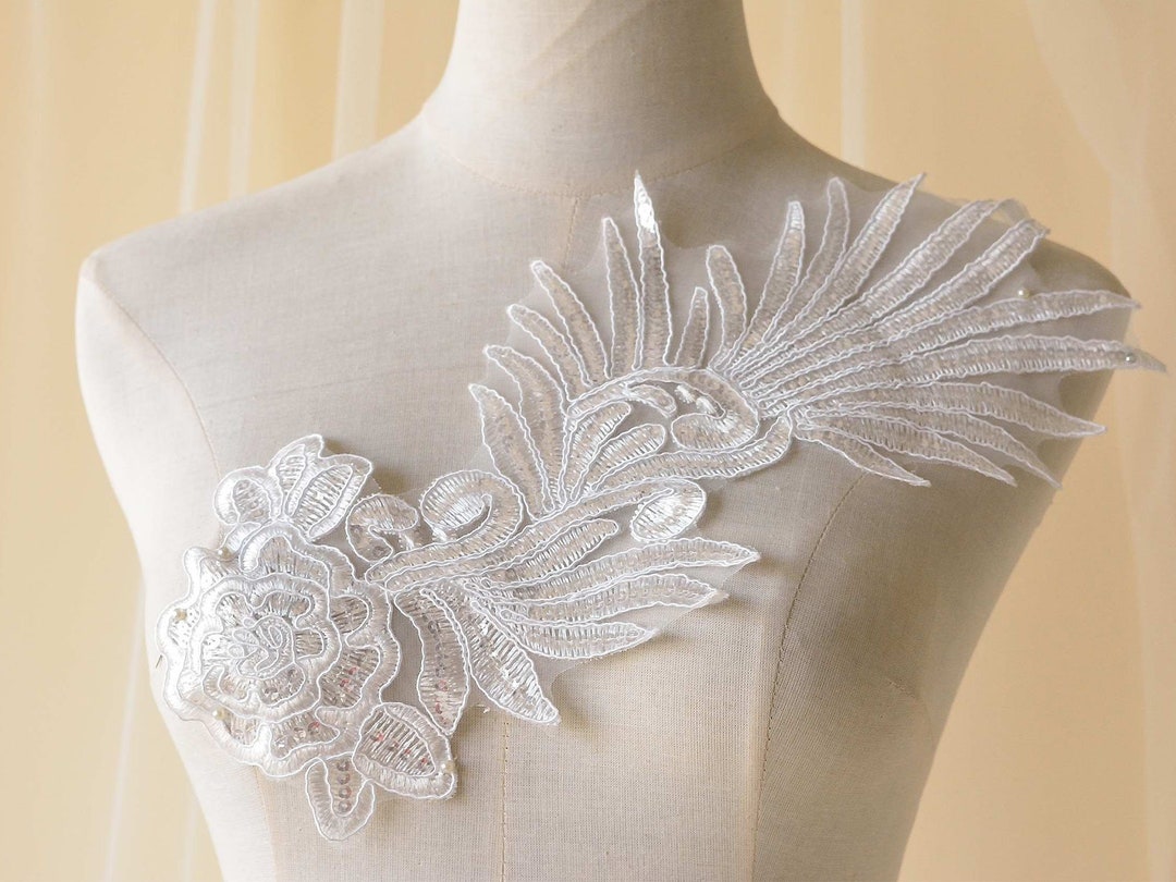 Off White Sequin Corded Lace Bodice Applique Motif Floral Embroidery ...