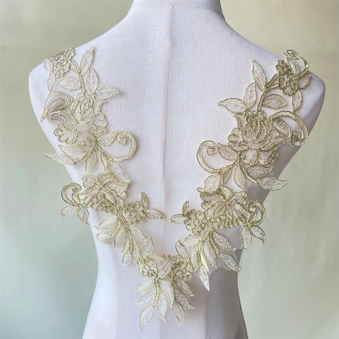 Gold Lace Applique Motif Trims Materials With Corded Embroidery Lace ...
