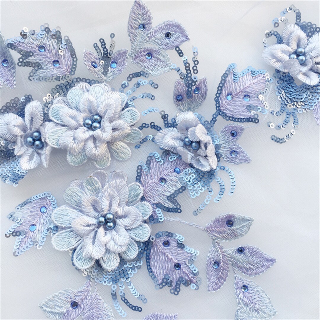 Blue Embroidery Lace Applique Motif 3D Floral With Pear Beads Patches ...