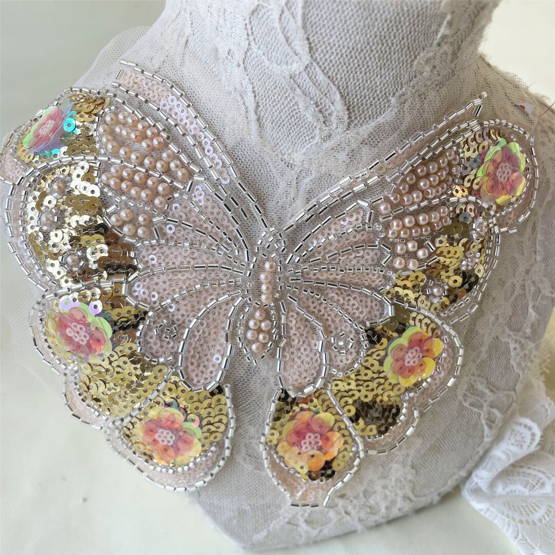 Butterfly Lace Appliques Embroidery Lace Patch With Sequin Pearl Sewing ...