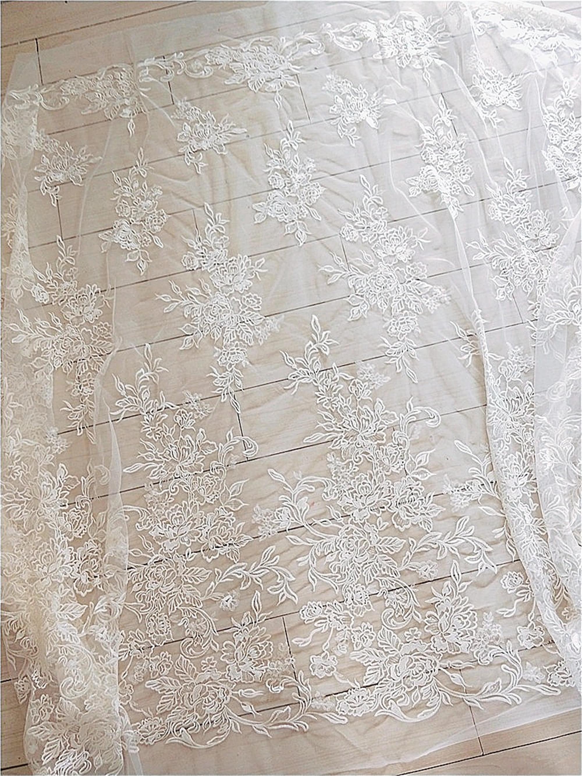 Off White Sequin Floral Embroidery Lace Fabric Mesh Materials Trims DIY ...