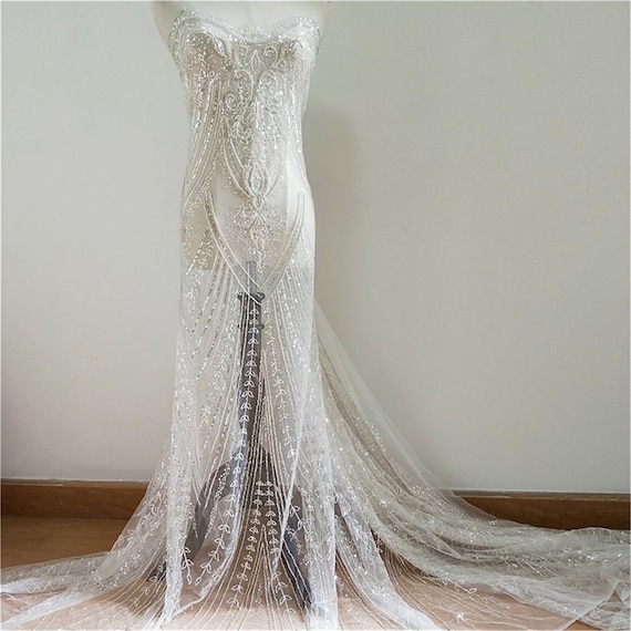 Off White Embroidery Lace Fabric Mesh Materials With Heavy - Etsy