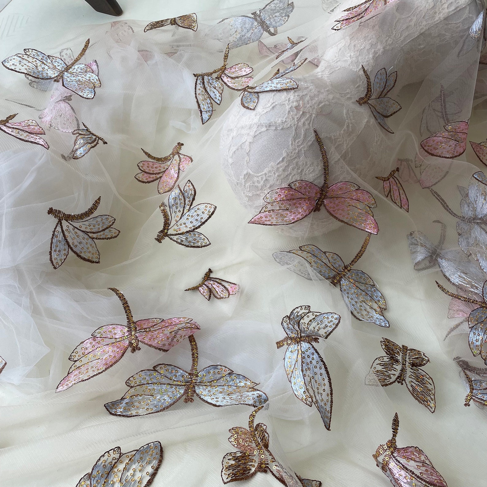 Sequin Lace Fabric Dragonfly Embroidery Mesh Gauze Trim for Wedding ...