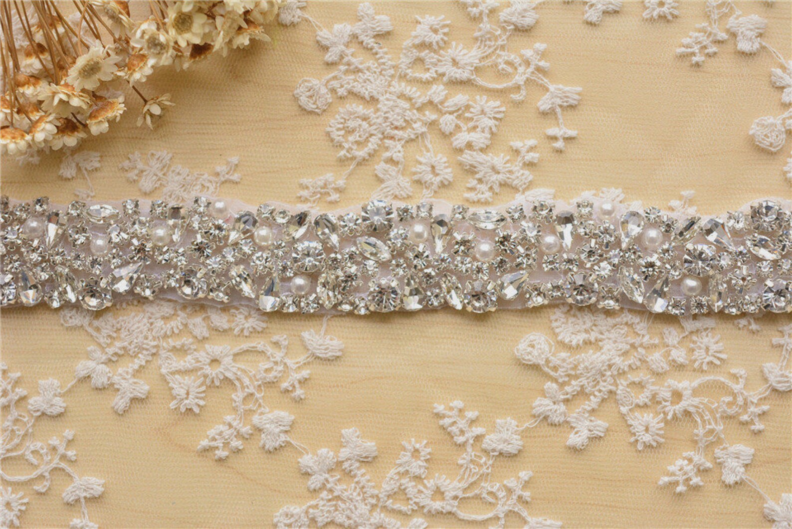 Shiny Rhinestone Pearl Applique Bridal Rhinestone Chain Trim | Etsy