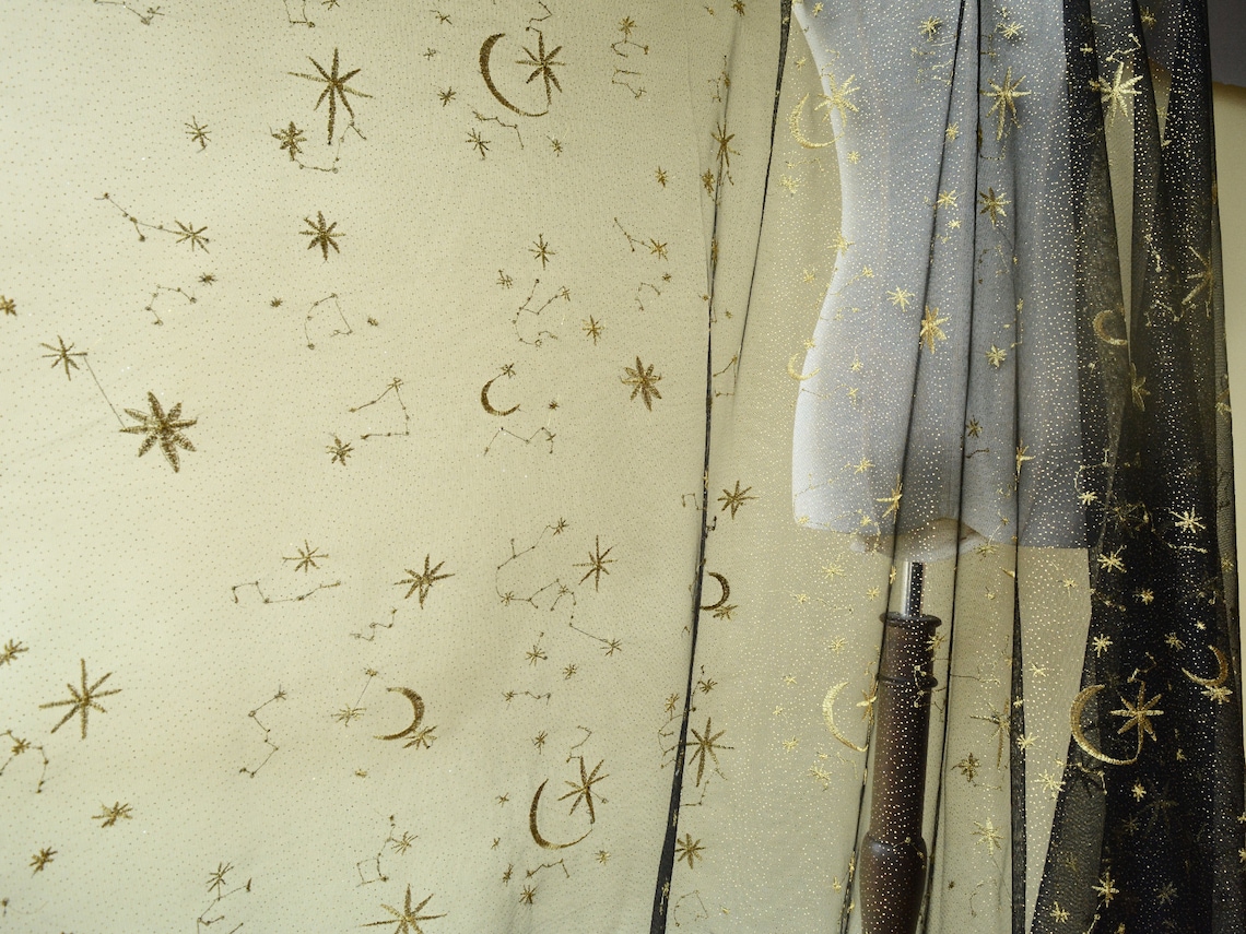 5 Colors Moon Star Embroidered Lace Fabric Golden Glitter Dot | Etsy