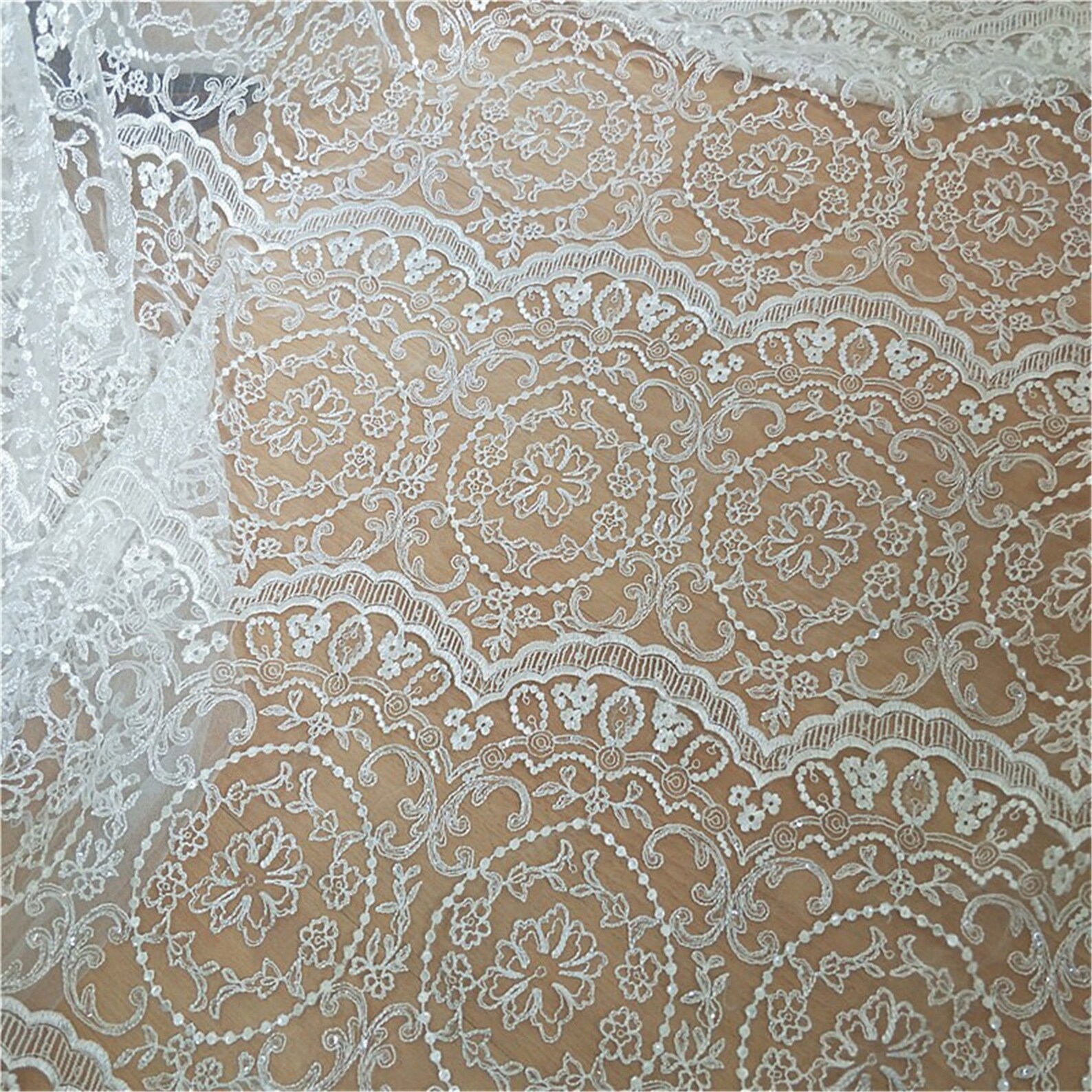 Off White Embroidery Lace Fabric Mesh Materials With Sequin Trims Gauze ...