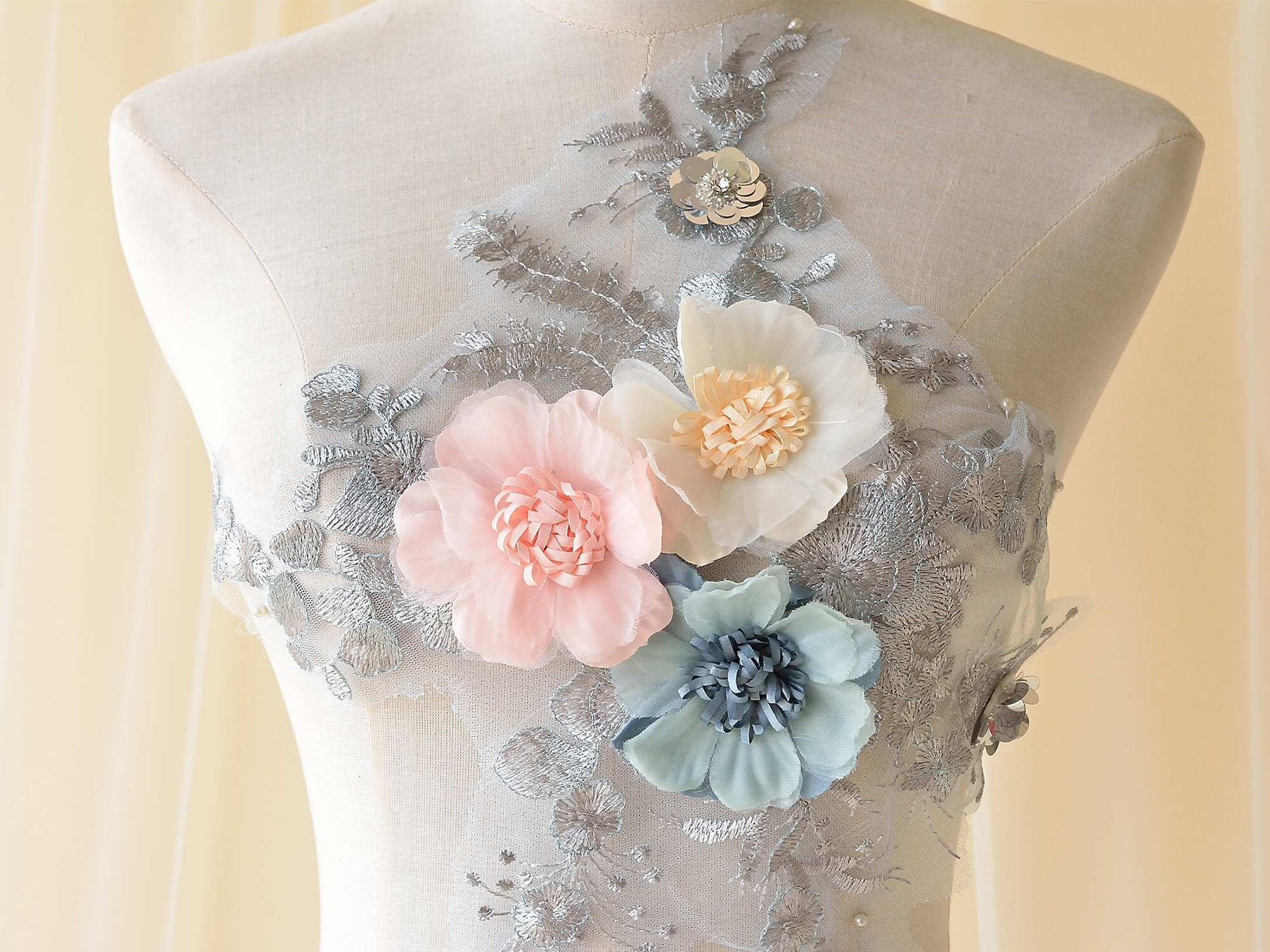 3D Flower Lace Bodice Applique Motif Floral Embroidery Lace Patch ...