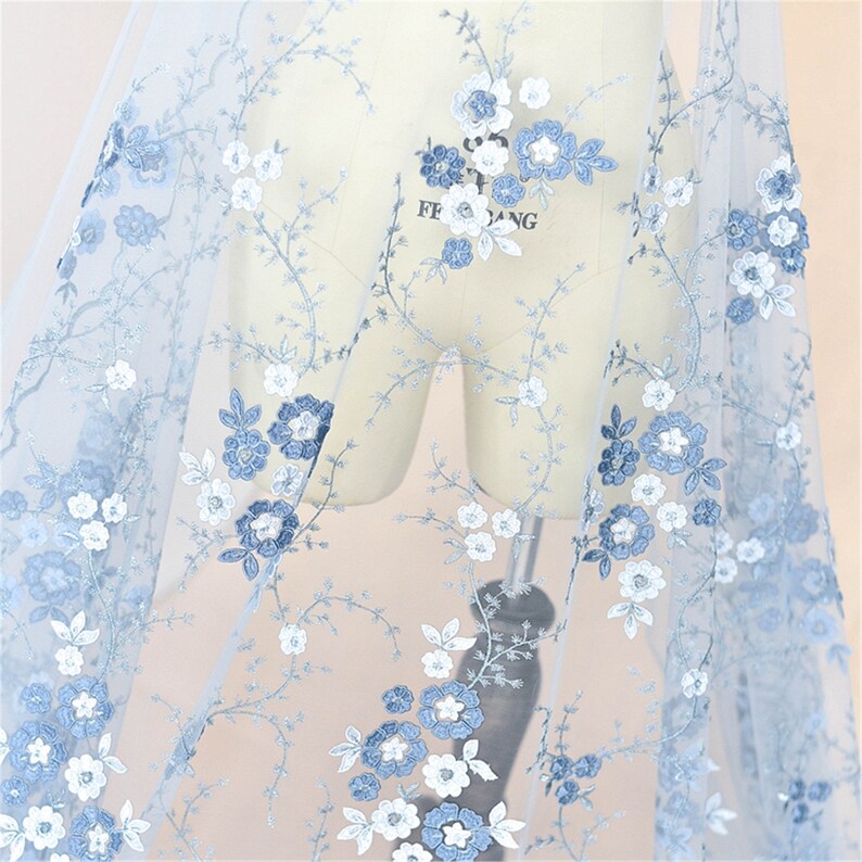 Blue Embroidery 3D Flower Bridal Lace Fabric Materials Lace | Etsy