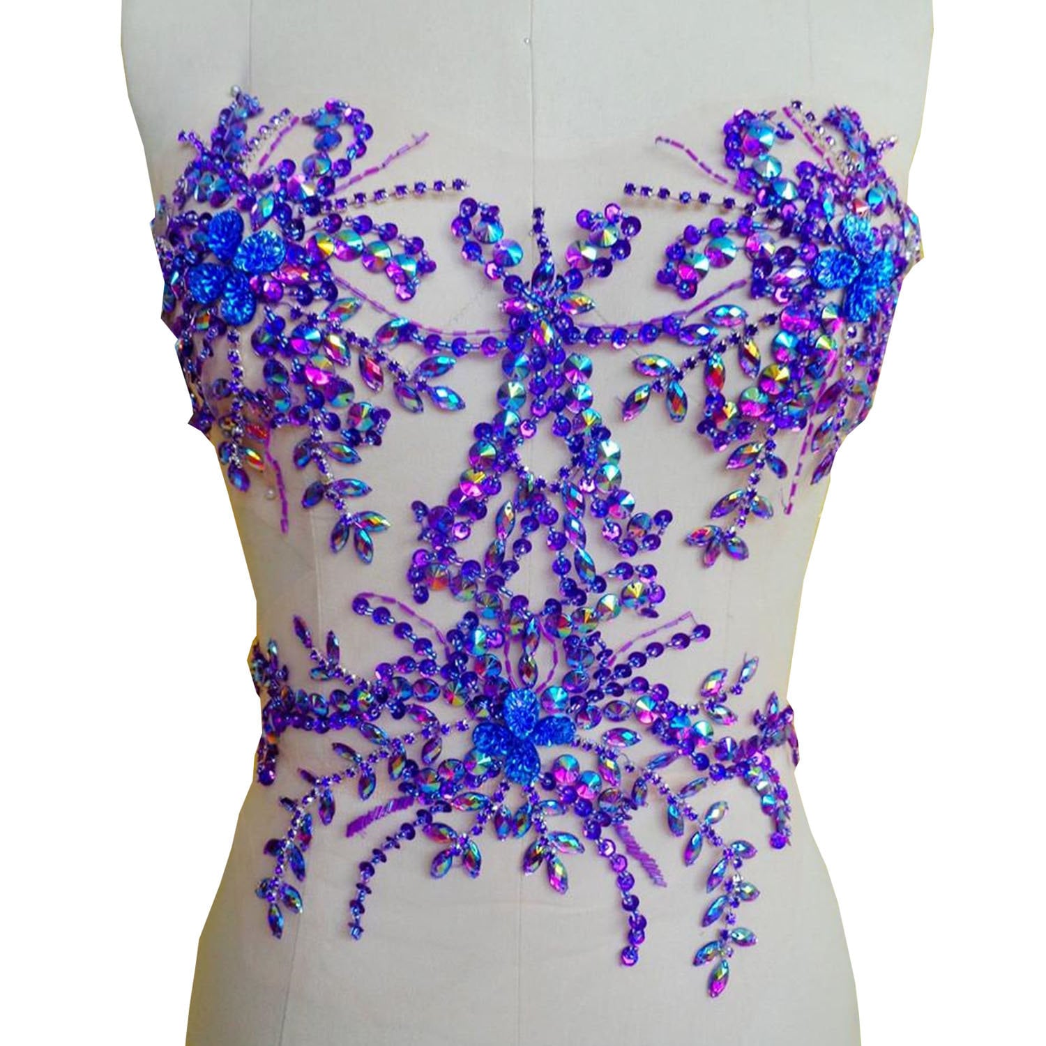 Sparkling Bodice Rhinestone Applique Motif Heavy Beads Diamante Lace ...
