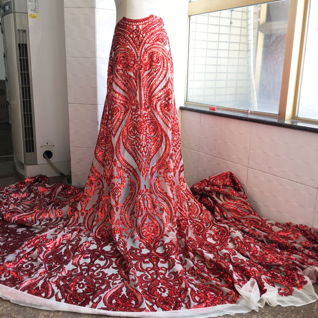 Red Embroidery Lace Fabric With Sequin Materials Hollowed Fabrics DIY ...