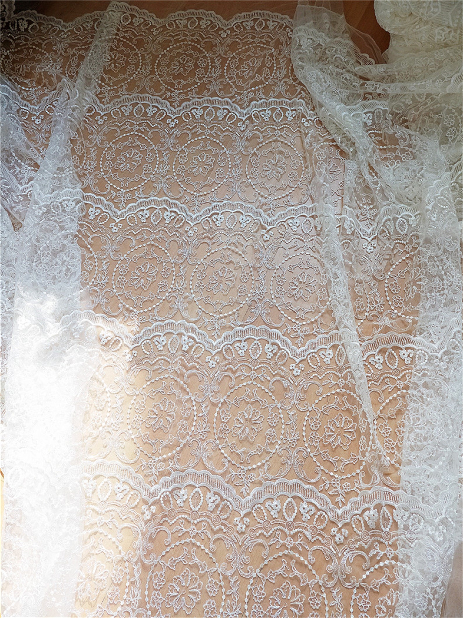 Off White Embroidery Lace Fabric Mesh Materials With Sequin Trims Gauze ...