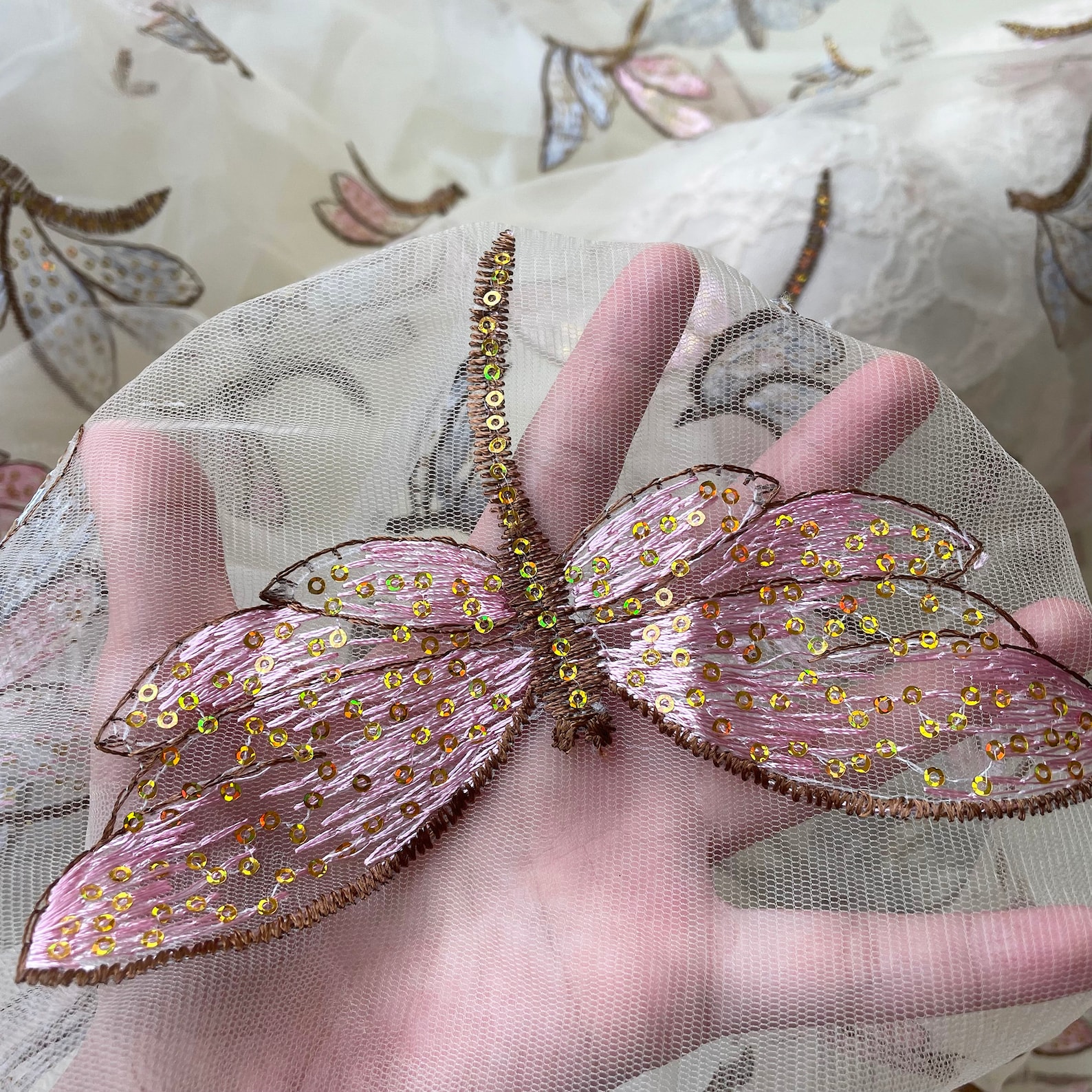 Sequin Lace Fabric Dragonfly Embroidery Mesh Gauze Trim for Wedding ...