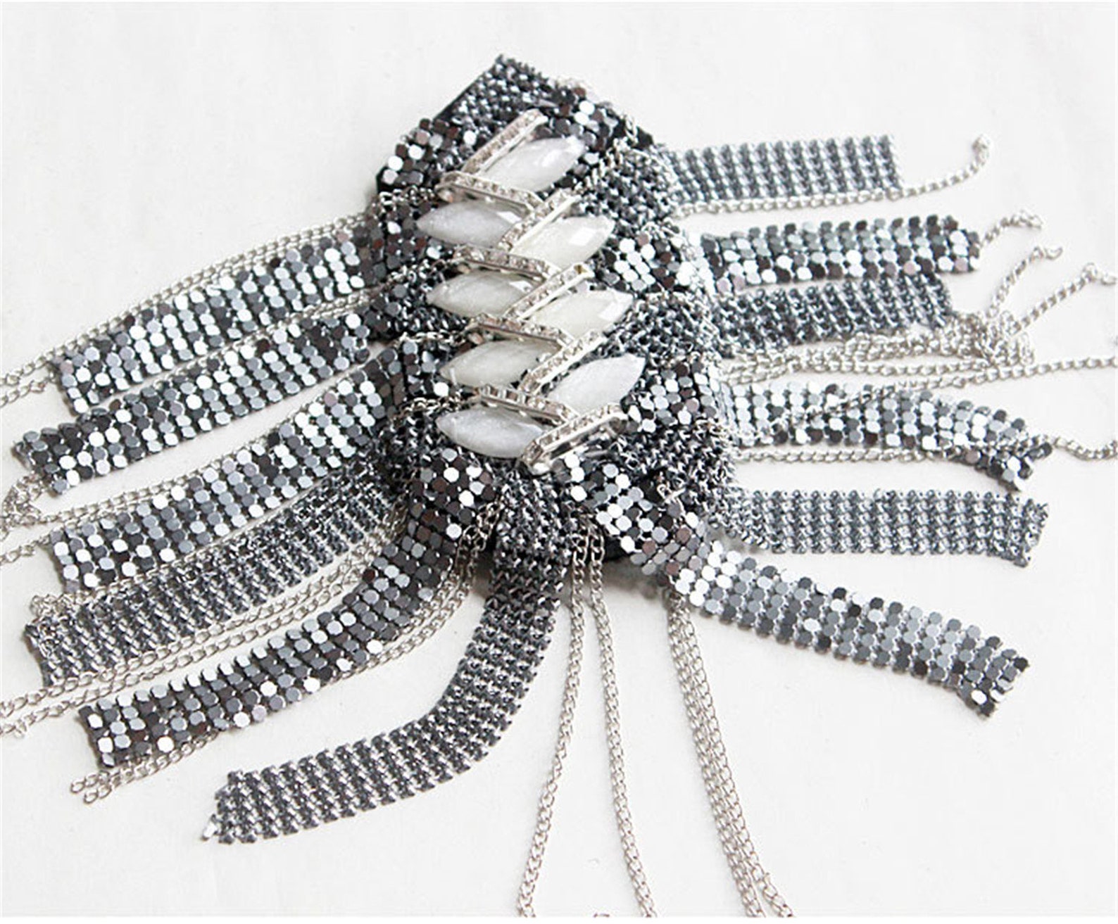 Silver Shoulder Patches Tassel Chain Suit Crystal Epaulet Fringe ...