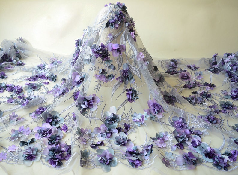3D Flower Embroidery Lace Fabric Purple Materials Mesh Trims DIY ...