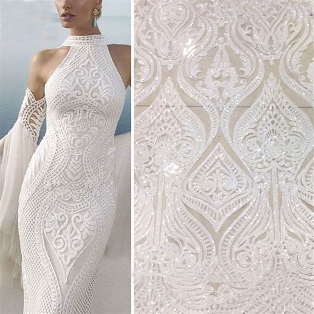 Sequin Lace Fabric Embroidery Fabrics DIY Wedding Bridal Full Evening ...