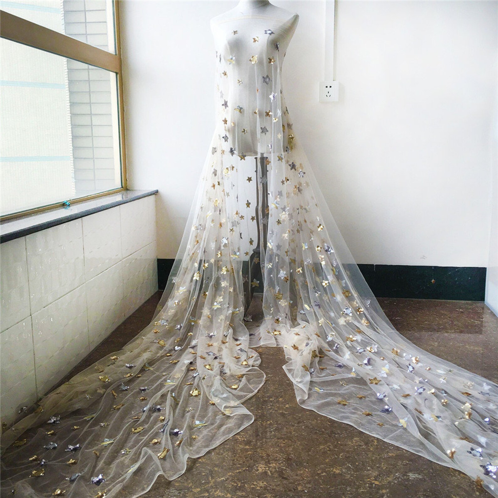 Star Pattern Sequin Embroidery Lace Fabric Materials Trimmings Gauze ...