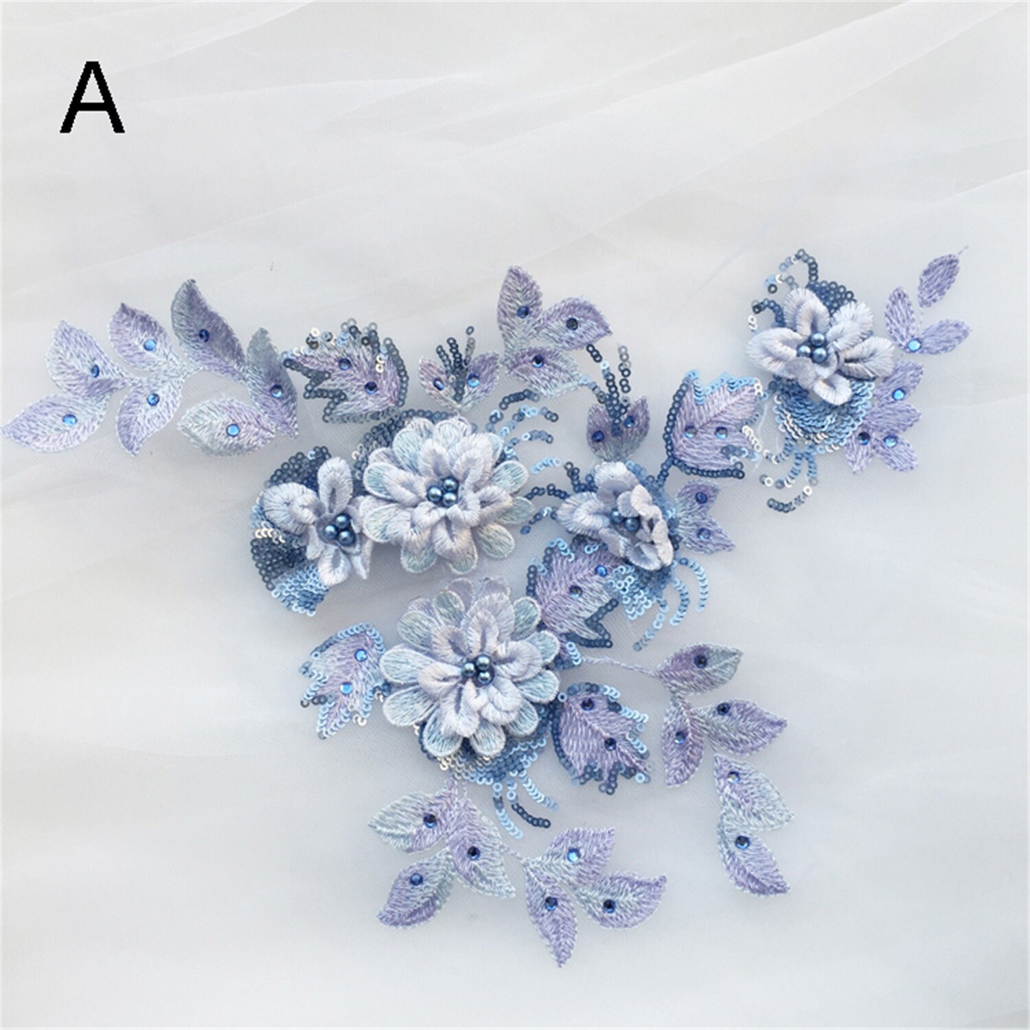 Blue Embroidery Lace Applique Motif 3D Floral With Pear Beads - Etsy