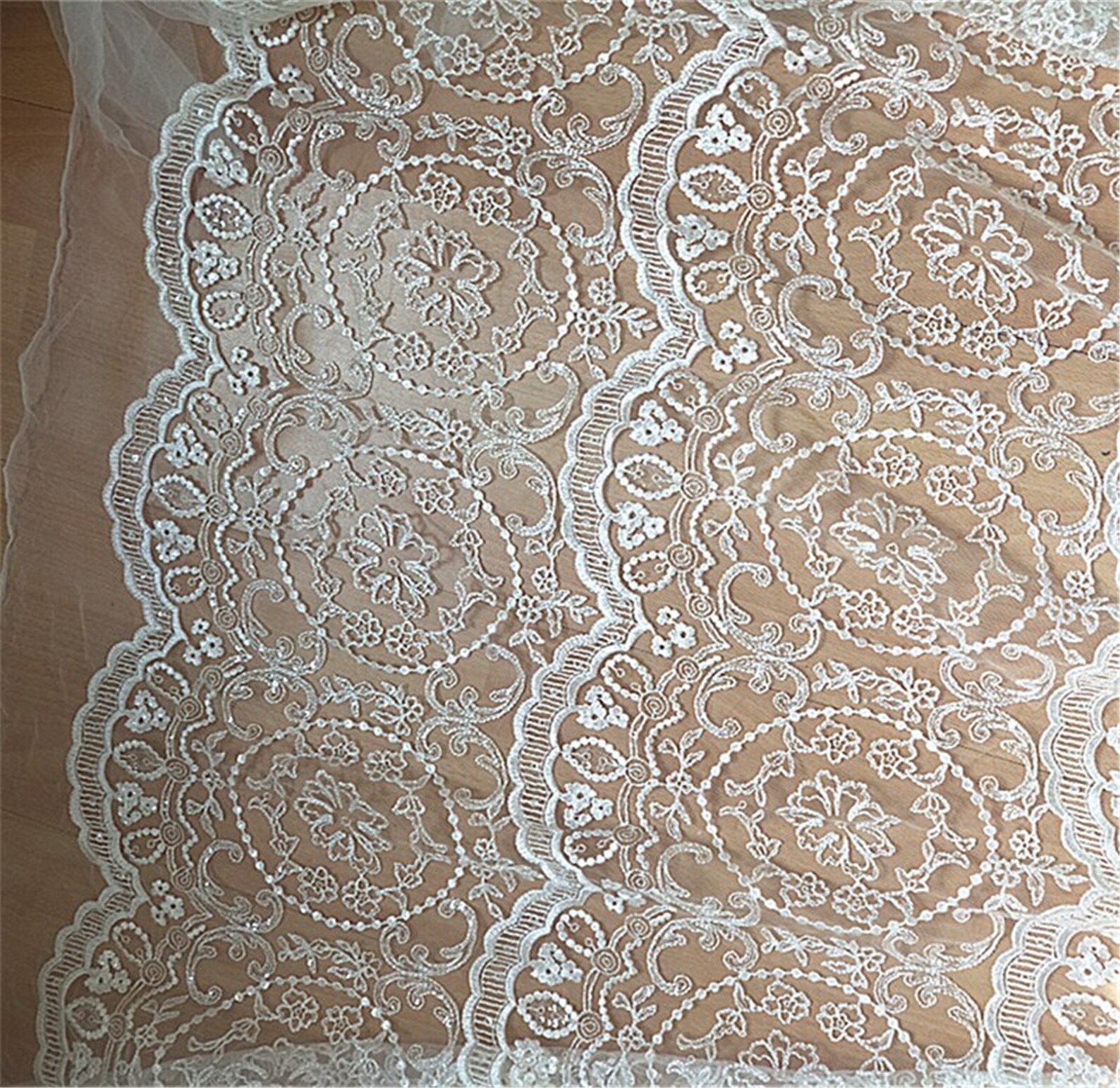 Off White Embroidery Lace Fabric Mesh Materials With Sequin Trims Gauze ...