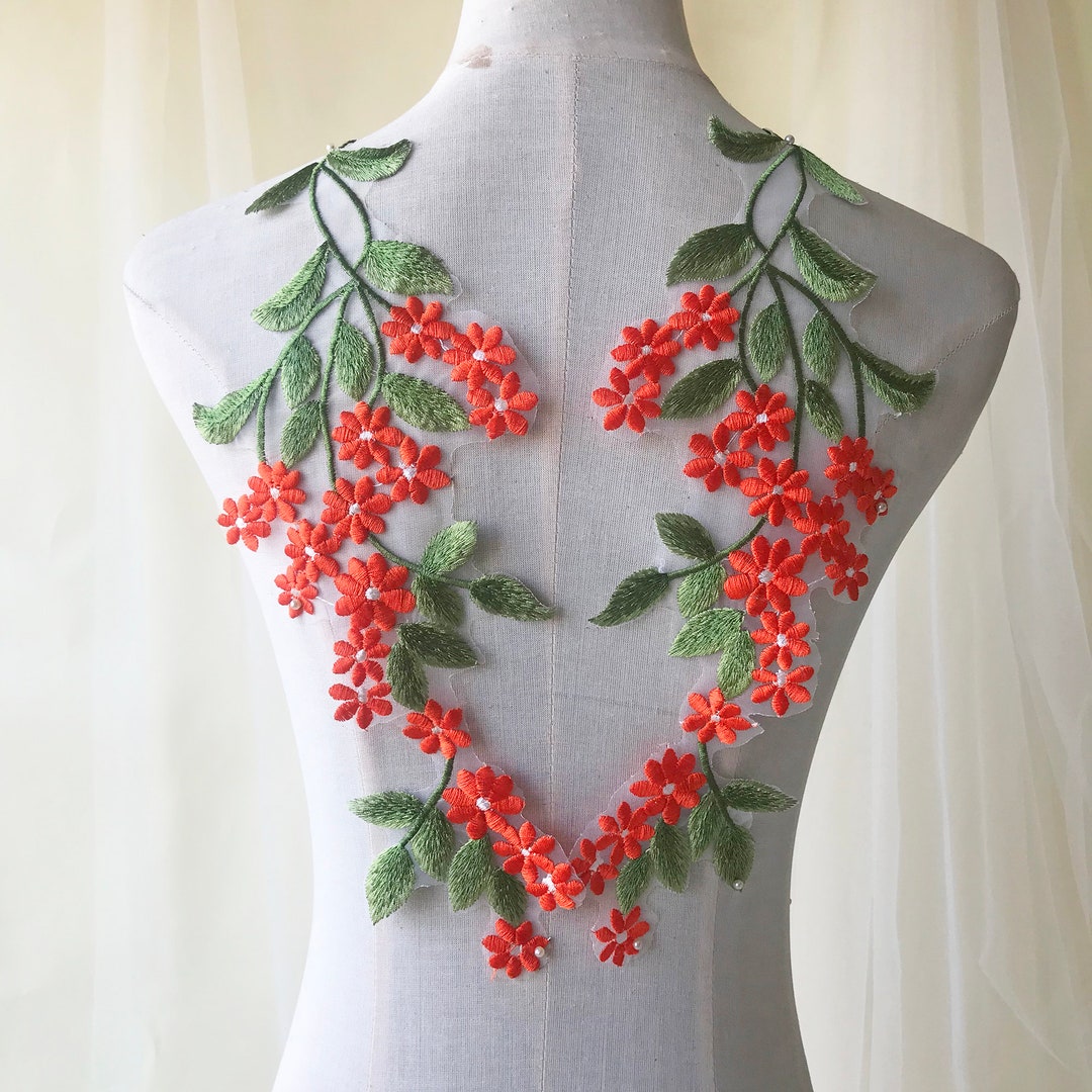 1 Pair Lace Applique Green Vine With Orange Floral Embroidery Motif ...