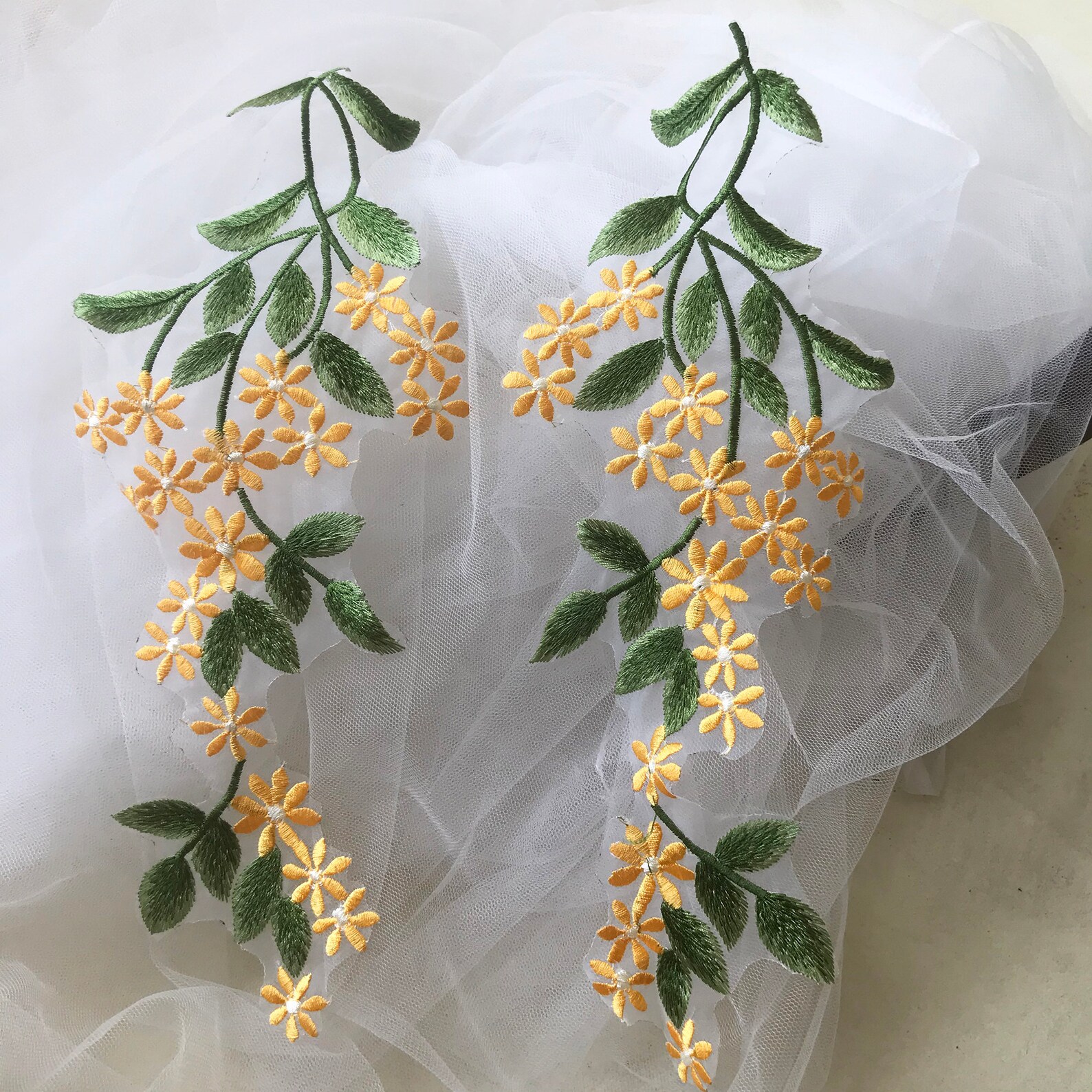1 Pair Lace Applique Green Vine With Yellow Floral Embroidery | Etsy