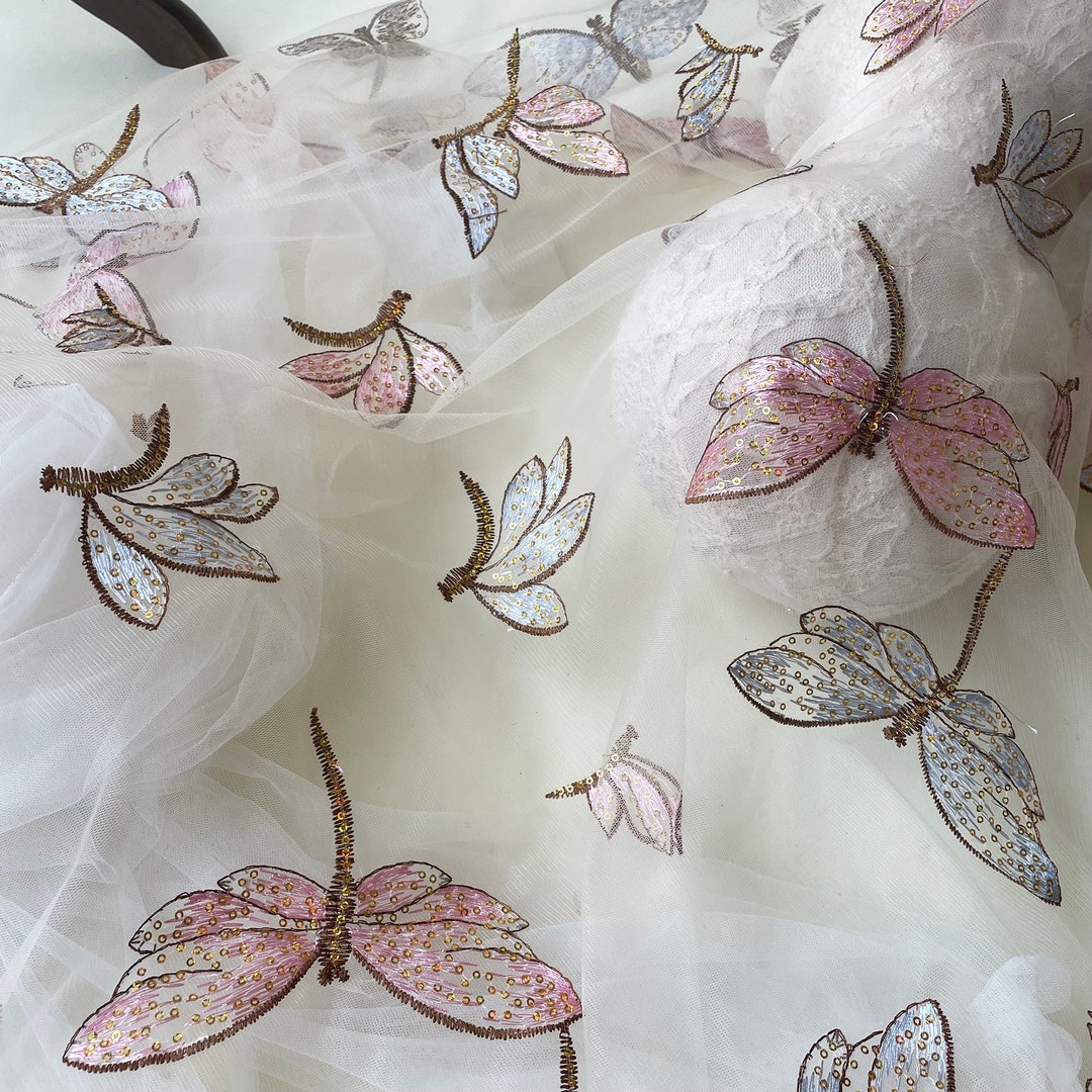 Sequin Lace Fabric Dragonfly Embroidery Mesh Gauze Trim for Wedding ...