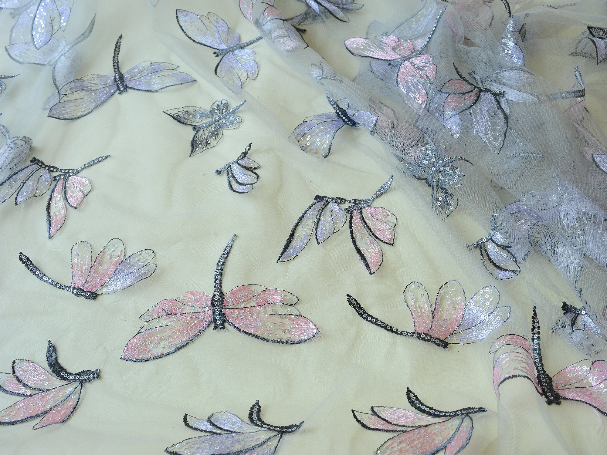 Sequin Lace Fabric Dragonfly Embroidery Mesh Gauze Trim for | Etsy