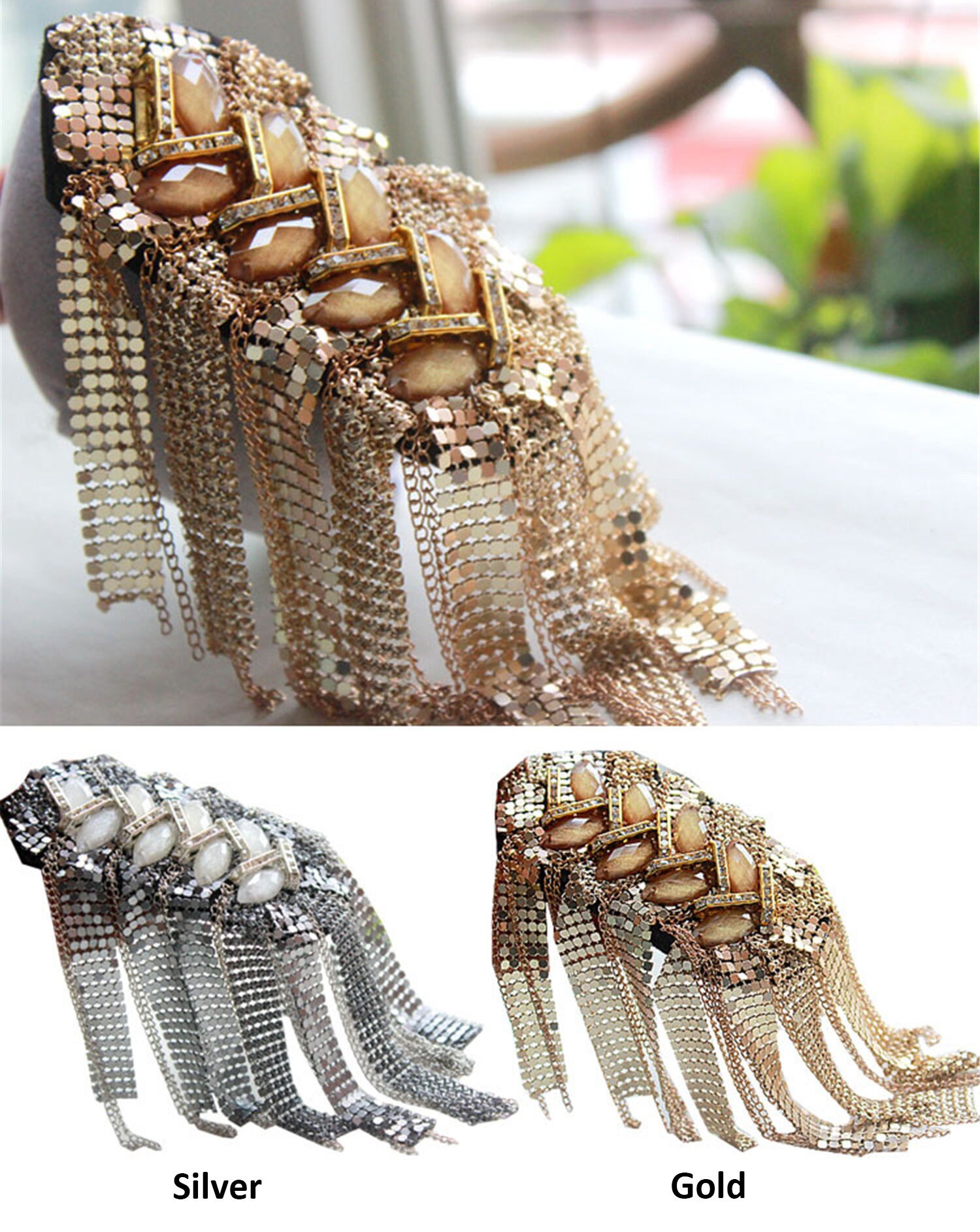 Silver Shoulder Patches Tassel Chain Suit Crystal Epaulet Fringe ...