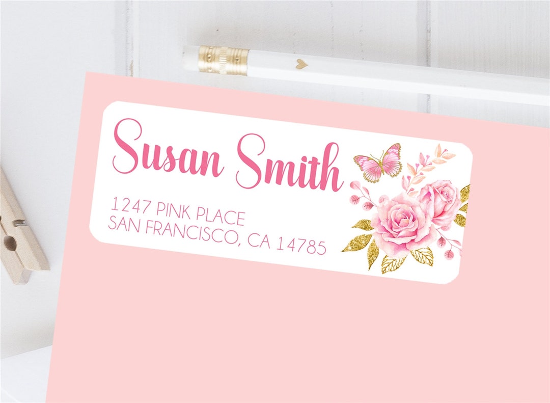 Pink and Gold Butterfly Return Address Labels, Pink Butterfly Address ...