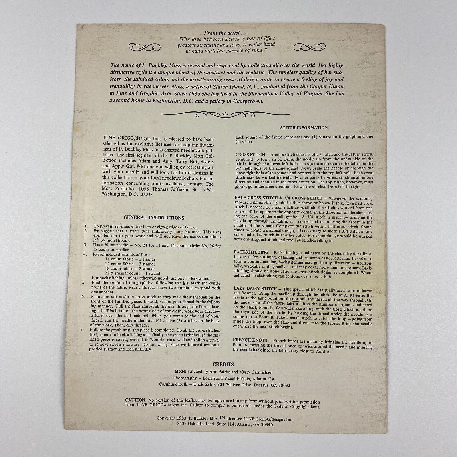 1983 June Grigg P. Buckley Moss Sisters 102 Counted Cross Stitch ...