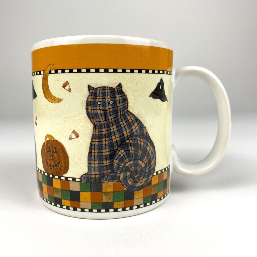 Debbie Mumm VTG 1998 Plaid Halloween Cat Jack O Lantern Moon Mug Cup ...