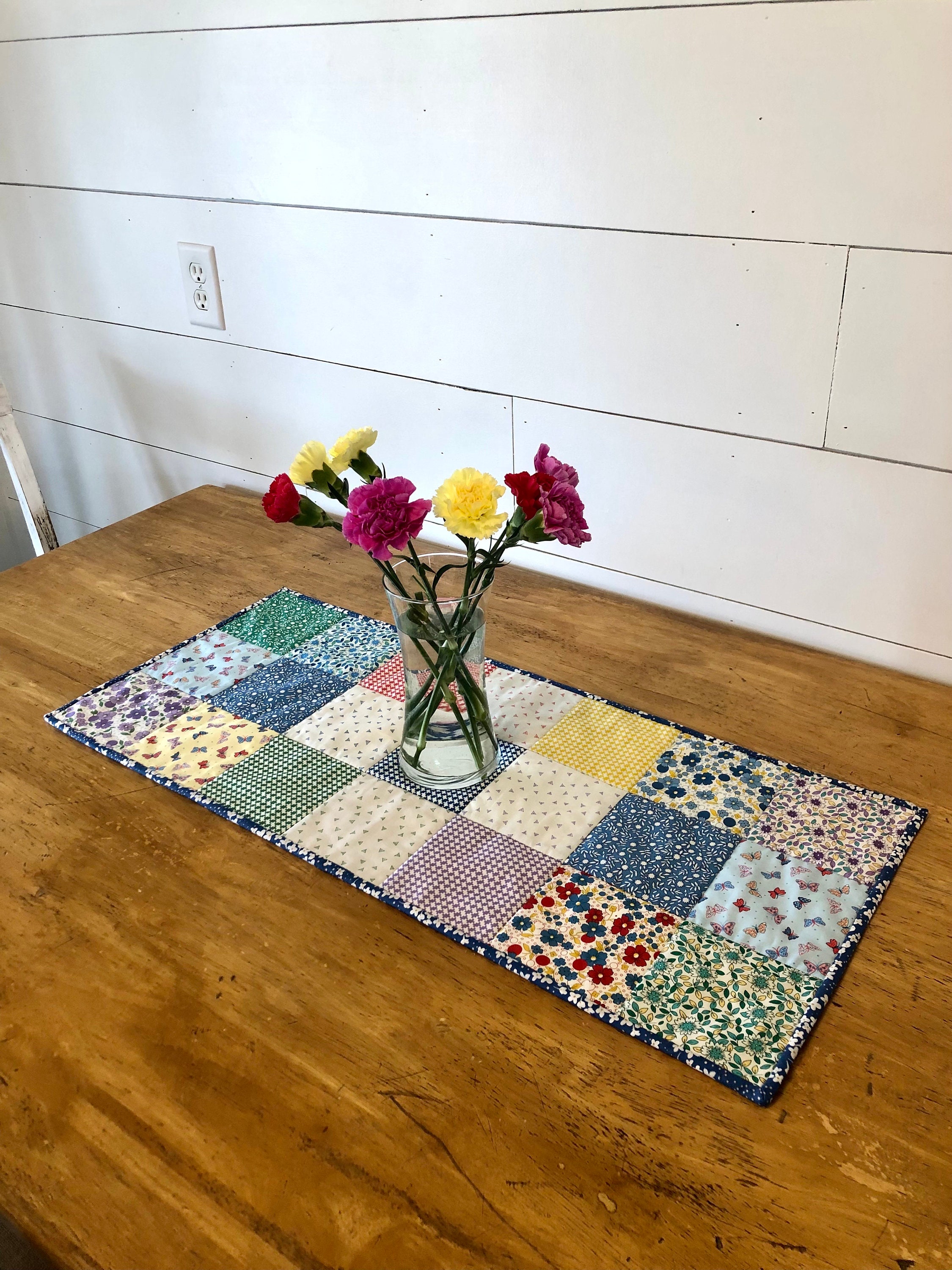 Reversible Blue Patchwork Table Runner Spring Table Runner Easter Table ...