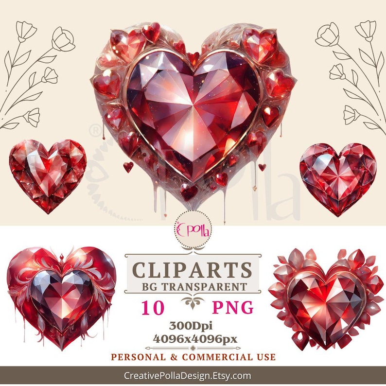 Red Diamond Hearts Clipart Bundle Watercolor Diamond Heart PNG ...