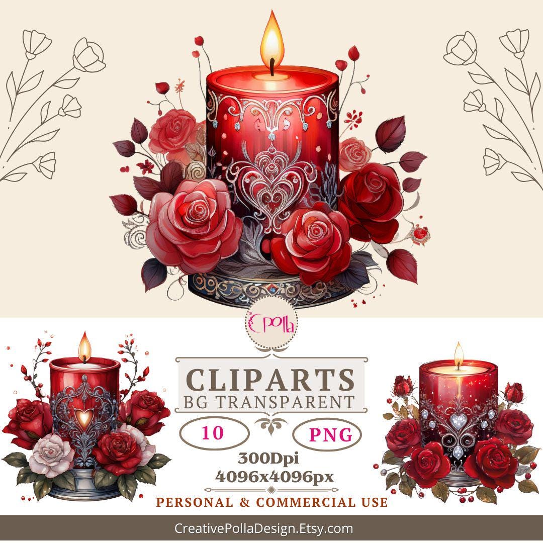 Red Watercolor Candle Clipart Floral Candle Clipart Candle Lights Png ...
