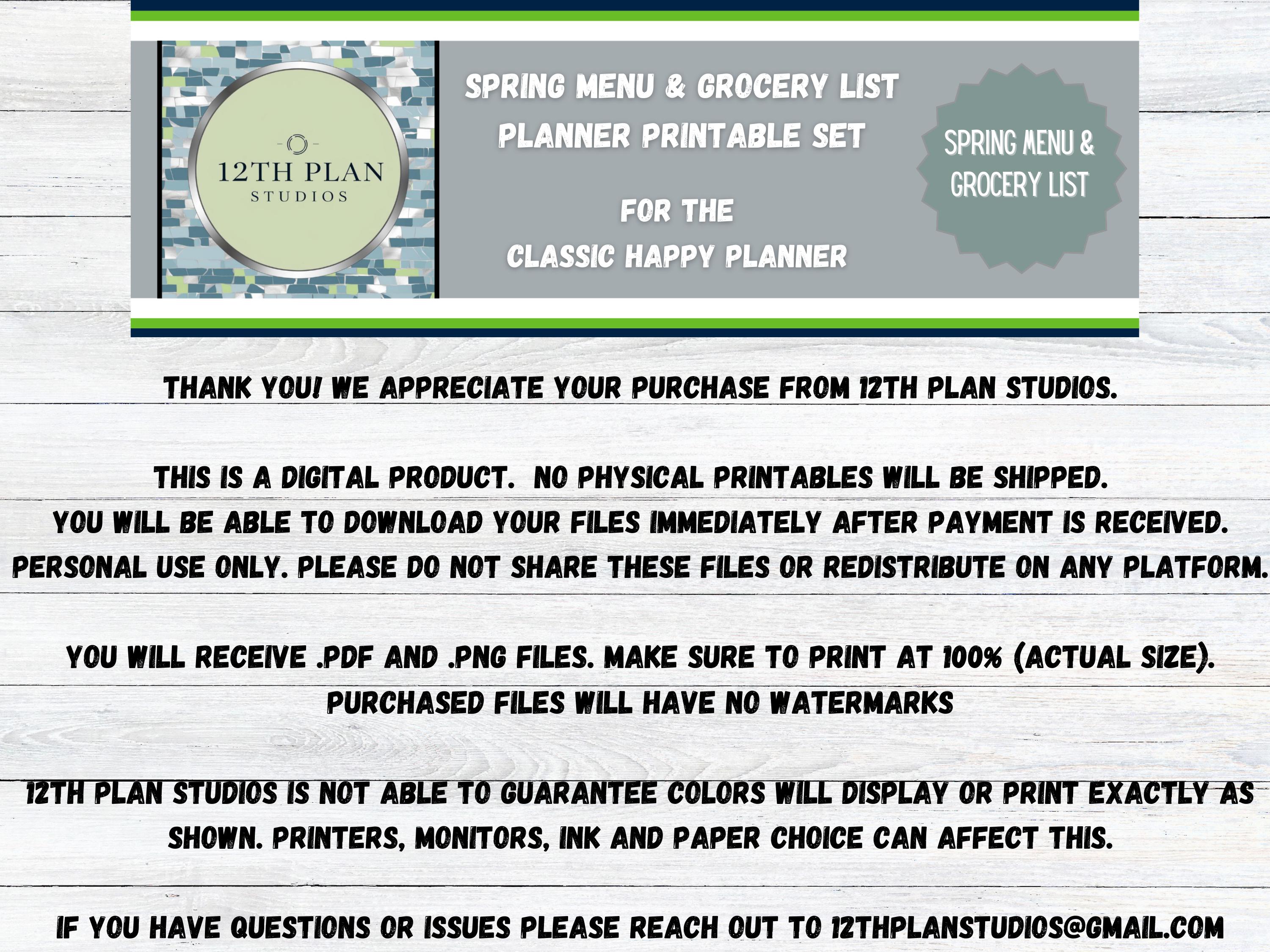 Spring Weekly Menu & Grocery List, Classic Happy Planner, Weekly ...